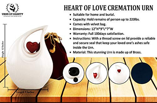 Cremation Urn Heart of Love Urn for Human Ashes – Cremation Urn for Funeral, Columbarium or Home, Cremation Urns for Human Ashes.220cubic inch- with Velvet Bag. (White Red Heart Large)