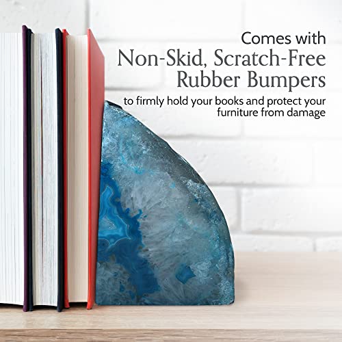 Nature’s Decorations - Luxury Agate Bookends, Non-Skid Book Stoppers, Agate Decor Crystal Bookends for Home or Office, Polished Stone Bookends, Set of 2, Extra Large, Approx. 7-9 lbs, Blue