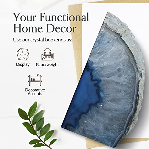 Nature’s Decorations - Luxury Agate Bookends, Non-Skid Book Stoppers, Agate Decor Crystal Bookends for Home or Office, Polished Stone Bookends, Set of 2, Extra Large, Approx. 7-9 lbs, Blue