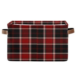 alaza decorative basket rectangular storage bin, red black and pink tartan plaid scottish organizer basket with leather handles for home office