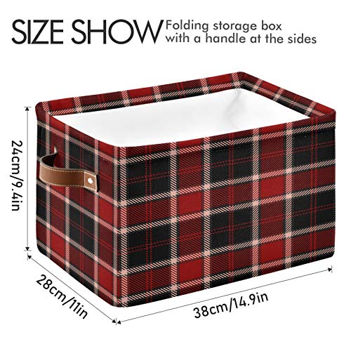 ALAZA Decorative Basket Rectangular Storage Bin, Red Black and Pink Tartan Plaid Scottish Organizer Basket with Leather Handles for Home Office