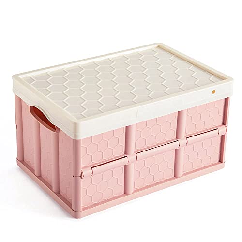 Radefasun Foldable Storage Bins with Lids Plastic Collapsible Storage Box Portable Stackable Grocery Toys Books Container Folding Latching Storage Crate with Removable Pulley and Pull Rod (Pink, L)