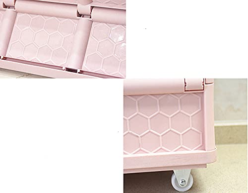 Radefasun Foldable Storage Bins with Lids Plastic Collapsible Storage Box Portable Stackable Grocery Toys Books Container Folding Latching Storage Crate with Removable Pulley and Pull Rod (Pink, L)