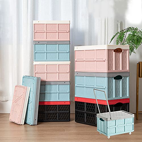 Radefasun Foldable Storage Bins with Lids Plastic Collapsible Storage Box Portable Stackable Grocery Toys Books Container Folding Latching Storage Crate with Removable Pulley and Pull Rod (Pink, L)