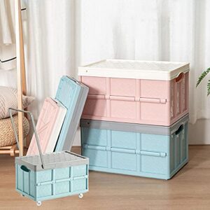 Radefasun Foldable Storage Bins with Lids Plastic Collapsible Storage Box Portable Stackable Grocery Toys Books Container Folding Latching Storage Crate with Removable Pulley and Pull Rod (Pink, L)