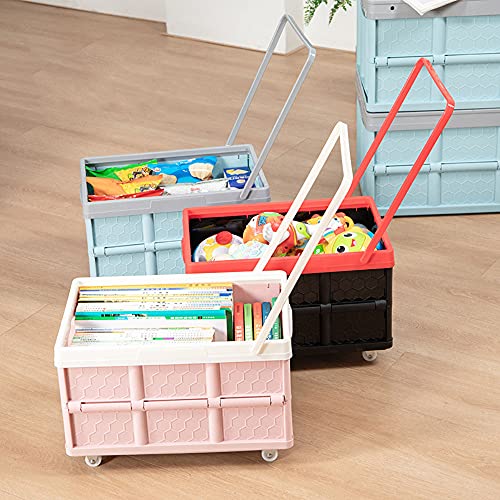 Radefasun Foldable Storage Bins with Lids Plastic Collapsible Storage Box Portable Stackable Grocery Toys Books Container Folding Latching Storage Crate with Removable Pulley and Pull Rod (Pink, L)