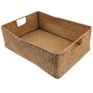 amosfun storage basket with wicker baskets lid bin large small seagrass lids- retro hand- woven seaweed storage basket household rectangular sundries organizer- storage box