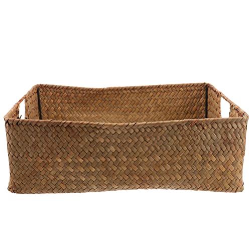 Amosfun Storage Basket with Wicker Baskets lid bin Large Small Seagrass lids- Retro Hand- Woven Seaweed Storage Basket Household Rectangular Sundries Organizer- Storage Box