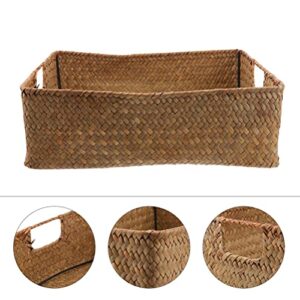 Amosfun Storage Basket with Wicker Baskets lid bin Large Small Seagrass lids- Retro Hand- Woven Seaweed Storage Basket Household Rectangular Sundries Organizer- Storage Box