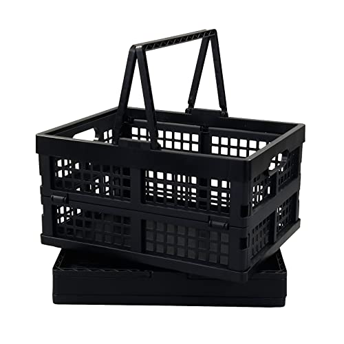 Ortodayes 2 Pack Folding Plastic Crate, Collapsible Shopping Basket with Handles