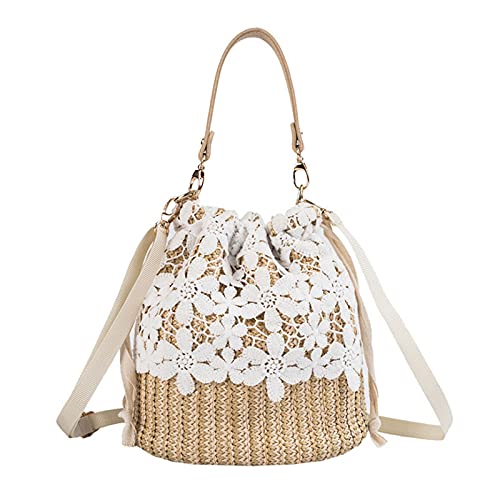 Rong Shop Women Cross Body Bohemian Straw Bag Straw Drawstring Bucket Straw Bag Flower Lace Decor Handwoven Rattan Bag, Flower