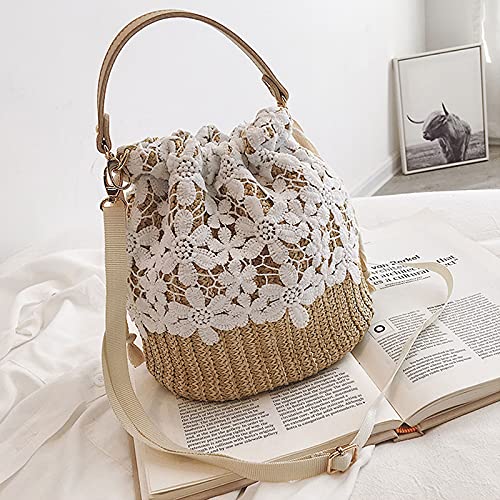 Rong Shop Women Cross Body Bohemian Straw Bag Straw Drawstring Bucket Straw Bag Flower Lace Decor Handwoven Rattan Bag, Flower