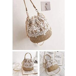 Rong Shop Women Cross Body Bohemian Straw Bag Straw Drawstring Bucket Straw Bag Flower Lace Decor Handwoven Rattan Bag, Flower