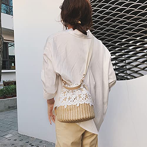 Rong Shop Women Cross Body Bohemian Straw Bag Straw Drawstring Bucket Straw Bag Flower Lace Decor Handwoven Rattan Bag, Flower