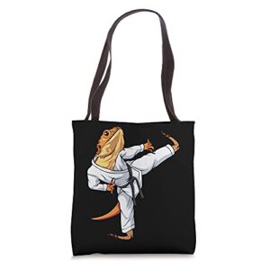 funny bearded dragon karate reptile pogona martial arts pose tote bag