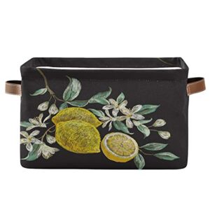 alaza decorative basket rectangular storage bin, flowers and lemon black organizer basket with leather handles for home office