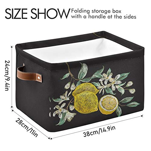 ALAZA Decorative Basket Rectangular Storage Bin, Flowers and Lemon Black Organizer Basket with Leather Handles for Home Office