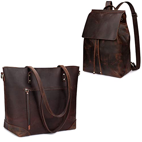 S-ZONE Women Genuine Leather Tote Bag Shoulder Handbag Bundle with Backpack Purse