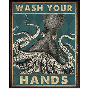 Octopus Nautical Bathroom Wall Art & Decor - Funny Beach Bathroom Decor - Bath Wall Decor - Cute Unique Bathroom Pictures Decorations Poster - Wash Your Hands Sign - Guest Bathroom - Powder Room