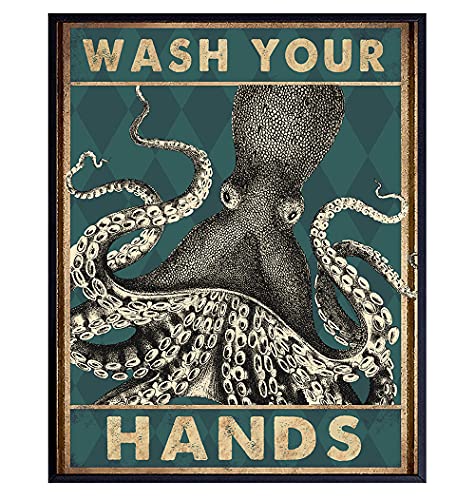 Octopus Nautical Bathroom Wall Art & Decor - Funny Beach Bathroom Decor - Bath Wall Decor - Cute Unique Bathroom Pictures Decorations Poster - Wash Your Hands Sign - Guest Bathroom - Powder Room