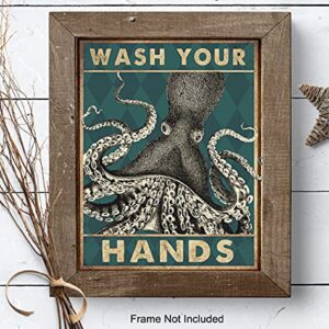 Octopus Nautical Bathroom Wall Art & Decor - Funny Beach Bathroom Decor - Bath Wall Decor - Cute Unique Bathroom Pictures Decorations Poster - Wash Your Hands Sign - Guest Bathroom - Powder Room