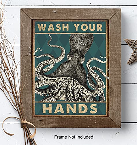 Octopus Nautical Bathroom Wall Art & Decor - Funny Beach Bathroom Decor - Bath Wall Decor - Cute Unique Bathroom Pictures Decorations Poster - Wash Your Hands Sign - Guest Bathroom - Powder Room