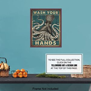 Octopus Nautical Bathroom Wall Art & Decor - Funny Beach Bathroom Decor - Bath Wall Decor - Cute Unique Bathroom Pictures Decorations Poster - Wash Your Hands Sign - Guest Bathroom - Powder Room