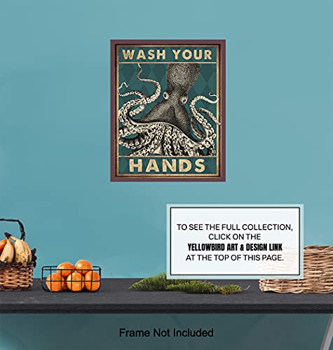 Octopus Nautical Bathroom Wall Art & Decor - Funny Beach Bathroom Decor - Bath Wall Decor - Cute Unique Bathroom Pictures Decorations Poster - Wash Your Hands Sign - Guest Bathroom - Powder Room