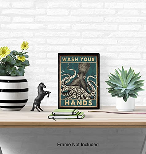 Octopus Nautical Bathroom Wall Art & Decor - Funny Beach Bathroom Decor - Bath Wall Decor - Cute Unique Bathroom Pictures Decorations Poster - Wash Your Hands Sign - Guest Bathroom - Powder Room