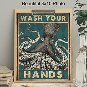 Octopus Nautical Bathroom Wall Art & Decor - Funny Beach Bathroom Decor - Bath Wall Decor - Cute Unique Bathroom Pictures Decorations Poster - Wash Your Hands Sign - Guest Bathroom - Powder Room