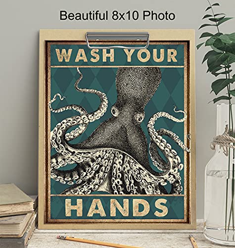 Octopus Nautical Bathroom Wall Art & Decor - Funny Beach Bathroom Decor - Bath Wall Decor - Cute Unique Bathroom Pictures Decorations Poster - Wash Your Hands Sign - Guest Bathroom - Powder Room