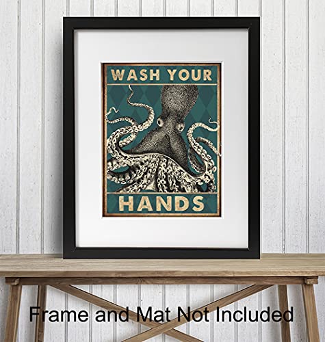 Octopus Nautical Bathroom Wall Art & Decor - Funny Beach Bathroom Decor - Bath Wall Decor - Cute Unique Bathroom Pictures Decorations Poster - Wash Your Hands Sign - Guest Bathroom - Powder Room