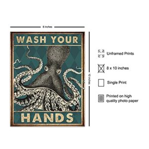 Octopus Nautical Bathroom Wall Art & Decor - Funny Beach Bathroom Decor - Bath Wall Decor - Cute Unique Bathroom Pictures Decorations Poster - Wash Your Hands Sign - Guest Bathroom - Powder Room