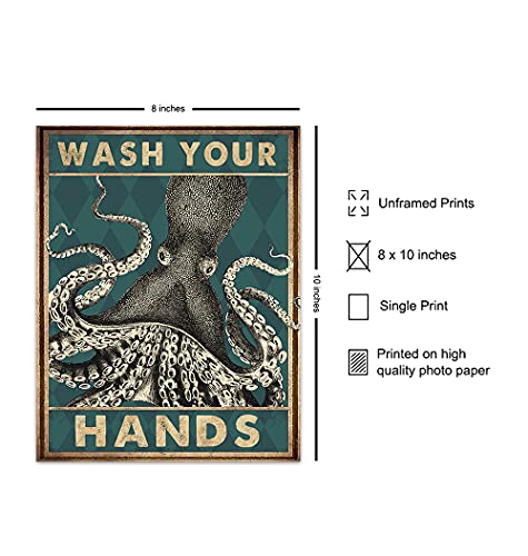 Octopus Nautical Bathroom Wall Art & Decor - Funny Beach Bathroom Decor - Bath Wall Decor - Cute Unique Bathroom Pictures Decorations Poster - Wash Your Hands Sign - Guest Bathroom - Powder Room