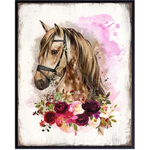 Boho Horse Wall Art & Decor - Rustic Farmhouse Barn Wall Decor for Girls Bedroom, Office, Living Room - Country Western Shabby Chic Decorations - Gift for Equestrian Women - Pink Pony Poster