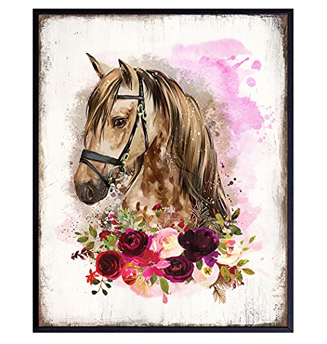 Boho Horse Wall Art & Decor - Rustic Farmhouse Barn Wall Decor for Girls Bedroom, Office, Living Room - Country Western Shabby Chic Decorations - Gift for Equestrian Women - Pink Pony Poster