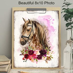 Boho Horse Wall Art & Decor - Rustic Farmhouse Barn Wall Decor for Girls Bedroom, Office, Living Room - Country Western Shabby Chic Decorations - Gift for Equestrian Women - Pink Pony Poster