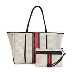 Haute Shore - Greyson Roma Neoprene Tote Bag w/Zipper Wristlet Inside, Beige W/Olive, Black, & Red Stripe