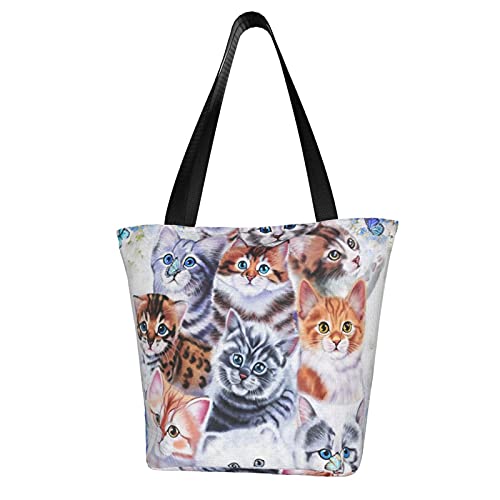 Cat And Butterfly Shoulder Handbag Canvas Tote Bag For Work Travel Business Beach Shopping School