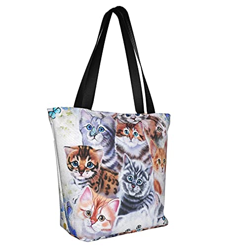 Cat And Butterfly Shoulder Handbag Canvas Tote Bag For Work Travel Business Beach Shopping School