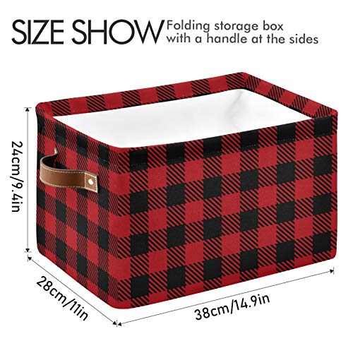 ALAZA Decorative Basket Rectangular Storage Bin, Black and Red Lumberjack Plaid Organizer Basket with Leather Handles for Home Office