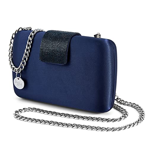 Ava&Lina Navy Blue Rhinestone Clutch Purses for Women Evening Samll Wedding Clutch Satin