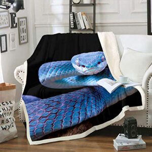 3d snake bedding sets, reptile sherpa fleece blanket throw blanket, wild blue snake print soft blanket warm cozy plush blanket, nature animal throw blanket for all seasons bed sofa throw 50″x60″