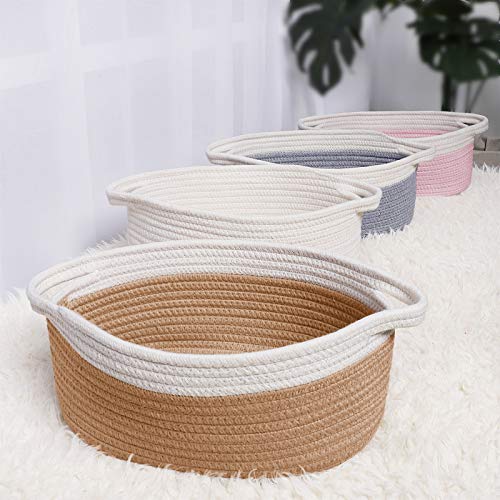 ABenkle Small Woven Basket, 12"x 8" x 5" Cute Small Basket, Rope Room Shelf Storage Basket, Cat Dog Toys Basket Chest Box, Empty Decorative Gift Basket with Handles - White