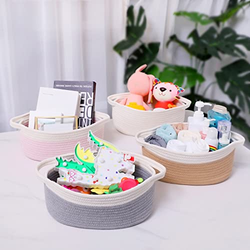 ABenkle Small Woven Basket, 12"x 8" x 5" Cute Small Basket, Rope Room Shelf Storage Basket, Cat Dog Toys Basket Chest Box, Empty Decorative Gift Basket with Handles - White