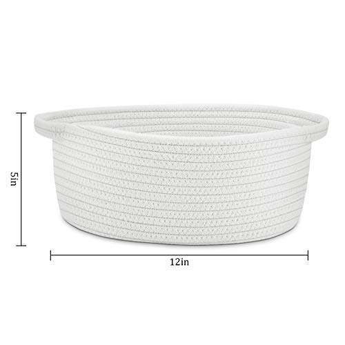 ABenkle Small Woven Basket, 12"x 8" x 5" Cute Small Basket, Rope Room Shelf Storage Basket, Cat Dog Toys Basket Chest Box, Empty Decorative Gift Basket with Handles - White