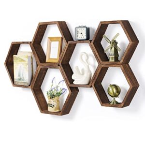 hexagon floating shelves set of 6 farmhouse honeycomb wall storage shelf wood display hexagonal shelves wall mounted hanging rustic shelf racks for bedroom living room hallway office decor, brown