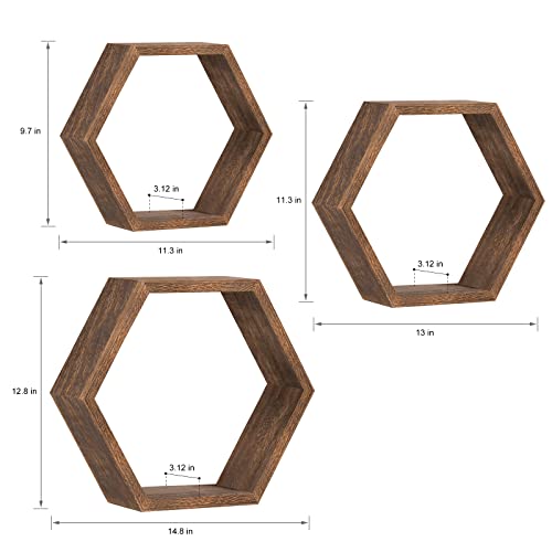 Hexagon Floating Shelves Set of 6 Farmhouse Honeycomb Wall Storage Shelf Wood Display Hexagonal Shelves Wall Mounted Hanging Rustic Shelf Racks for Bedroom Living Room Hallway Office Decor, Brown