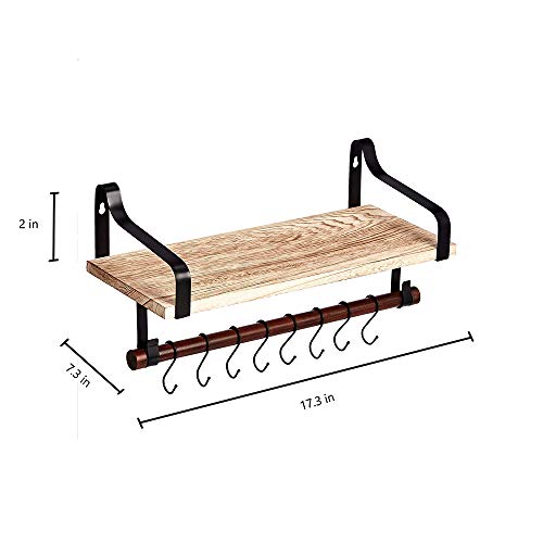 Coral Flower Floating Wall Shelf for Storage Wood-Based Board Kitchen Spice Rack with Towel Bar and 8 Removable Hooks, Carbonized Black