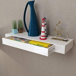 festnight floating shelf with storage drawer mdf wall display stand wall mounted collectables dvd shelf for living room, bedroom, bathroom, home decor white 31.5″ x 9.8″ x 3.15″ (w x d x h)